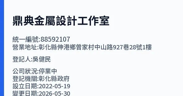 鼎典金屬設計工作室的照片-統編 88592107(彰化縣) 公司登記資料與營業項目詳細圖表
