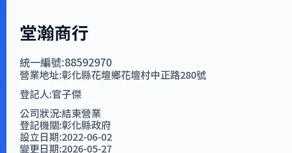 堂瀚商行的照片-統編 88592970(彰化縣) 公司登記資料與營業項目詳細圖表