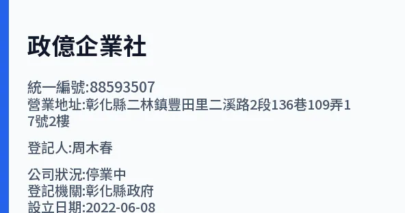 政億企業社的照片-統編 88593507(彰化縣) 公司登記資料與營業項目詳細圖表