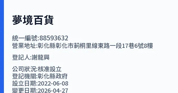 夢境百貨的照片-統編 88593632(彰化縣) 公司登記資料與營業項目詳細圖表