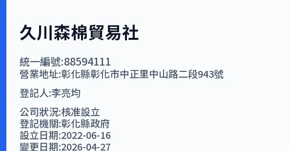 久川森棉貿易社的照片-統編 88594111(彰化縣) 公司登記資料與營業項目詳細圖表