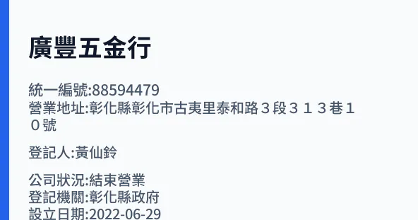 廣豐五金行的照片-統編 88594479(彰化縣) 公司登記資料與營業項目詳細圖表