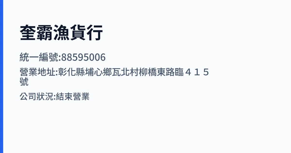 奎霸漁貨行 - 統編 88595006(彰化縣) 公司登記資料與營業項目詳細圖表