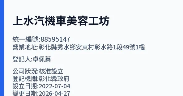 上水汽機車美容工坊的照片-統編 88595147(彰化縣) 公司登記資料與營業項目詳細圖表