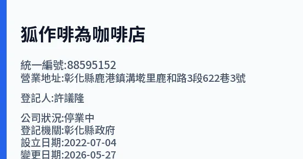 狐作啡為咖啡店的照片-統編 88595152(彰化縣) 公司登記資料與營業項目詳細圖表