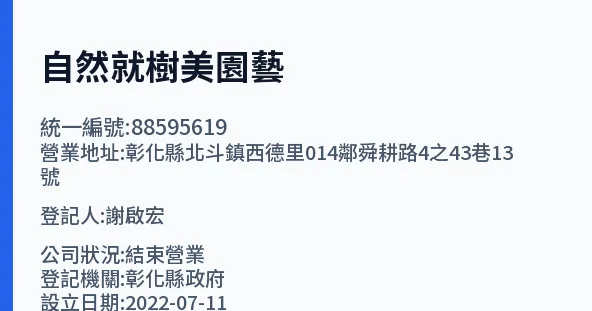 自然就樹美園藝的照片-統編 88595619(彰化縣) 公司登記資料與營業項目詳細圖表