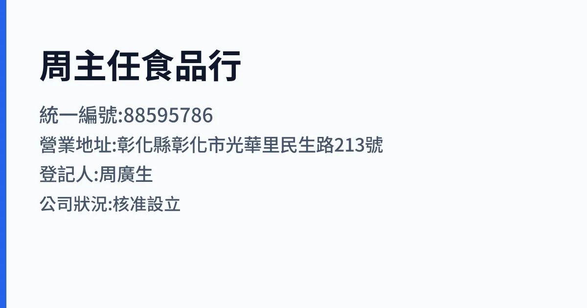 周主任食品行 - 統編 88595786 (彰化縣) 公司登記資料與營業項目詳細圖表