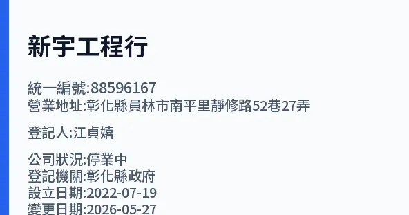 新宇工程行的照片-統編 88596167(彰化縣) 公司登記資料與營業項目詳細圖表