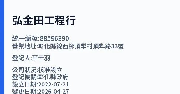 弘金田工程行的照片-統編 88596390(彰化縣) 公司登記資料與營業項目詳細圖表