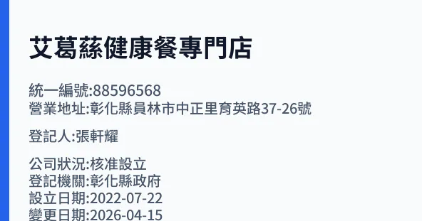 艾葛蕬健康餐專門店的照片-統編 88596568(彰化縣) 公司登記資料與營業項目詳細圖表