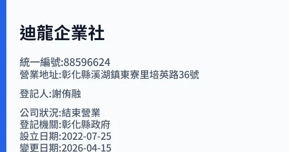 迪龍企業社的照片-統編 88596624(彰化縣) 公司登記資料與營業項目詳細圖表