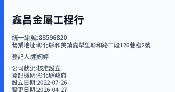 鑫昌金屬工程行的照片-統編 88596820(彰化縣) 公司登記資料與營業項目詳細圖表