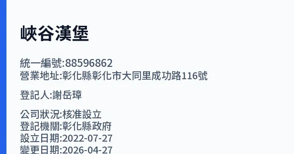 峽谷漢堡的照片-統編 88596862(彰化縣) 公司登記資料與營業項目詳細圖表
