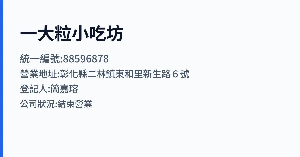 一大粒小吃坊 - 統編 88596878(彰化縣) 公司登記資料與營業項目詳細圖表