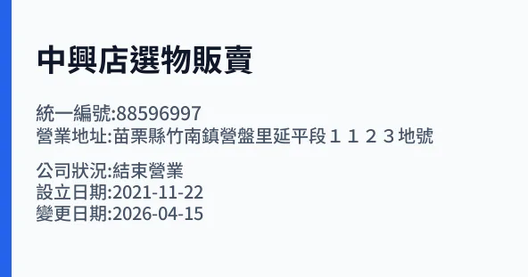 中興店選物販賣的照片-統編 88596997(苗栗縣) 公司登記資料與營業項目詳細圖表