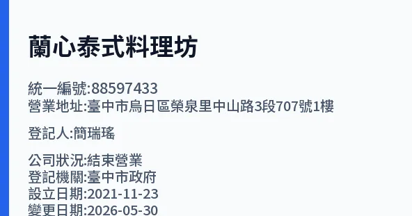 蘭心泰式料理坊的照片-統編 88597433(臺中市) 公司登記資料與營業項目詳細圖表