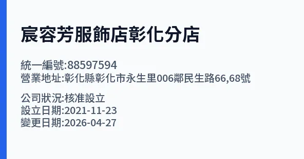 宸容芳服飾店彰化分店的照片-統編 88597594(彰化縣) 公司登記資料與營業項目詳細圖表