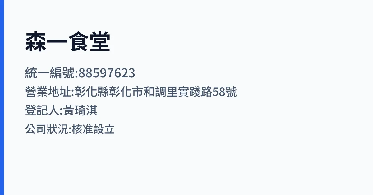 森一食堂 - 統編 88597623(彰化縣) 公司登記資料與營業項目詳細圖表