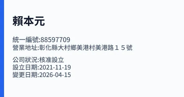 賴本元的照片-統編 88597709(彰化縣) 公司登記資料與營業項目詳細圖表