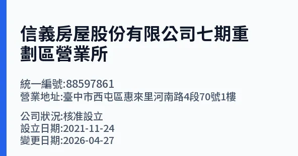 信義房屋股份有限公司七期重劃區營業所的照片-統編 88597861(臺中市) 公司登記資料與營業項目詳細圖表