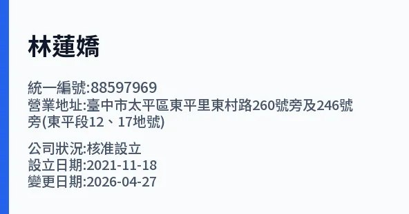 林蓮嬌的照片-統編 88597969(臺中市) 公司登記資料與營業項目詳細圖表