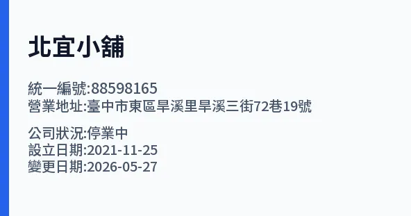 北宜小舖的照片-統編 88598165(臺中市) 公司登記資料與營業項目詳細圖表