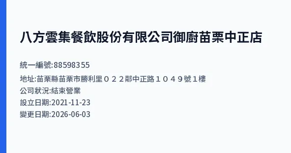 八方雲集餐飲股份有限公司御廚苗栗中正店的照片-統編 88598355(苗栗縣) 公司登記資料與營業項目詳細圖表