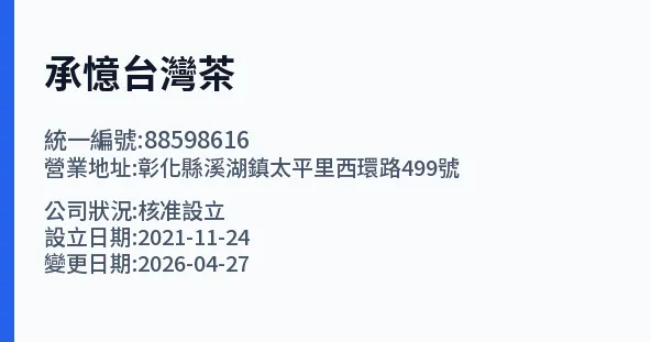 承憶台灣茶的照片-統編 88598616(彰化縣) 公司登記資料與營業項目詳細圖表