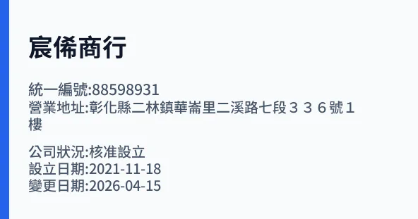宸俙商行的照片-統編 88598931(彰化縣) 公司登記資料與營業項目詳細圖表