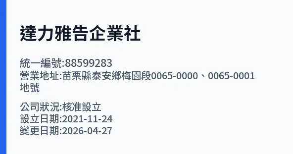 達力雅告企業社的照片-統編 88599283(苗栗縣) 公司登記資料與營業項目詳細圖表