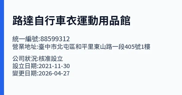 路達自行車衣運動用品館的照片-統編 88599312(臺中市) 公司登記資料與營業項目詳細圖表
