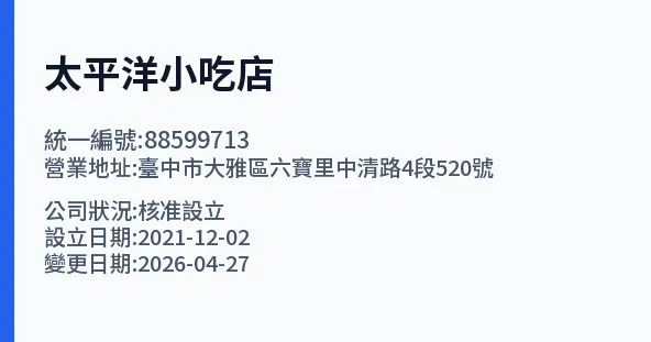 太平洋小吃店的照片-統編 88599713(臺中市) 公司登記資料與營業項目詳細圖表
