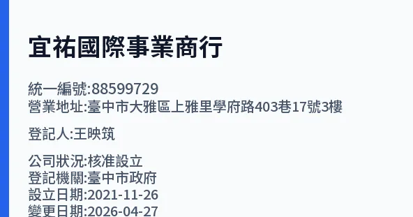 宜祐國際事業商行的照片-統編 88599729(臺中市) 公司登記資料與營業項目詳細圖表