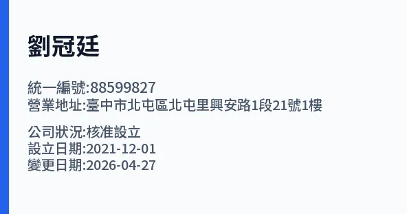 劉冠廷的照片-統編 88599827(臺中市) 公司登記資料與營業項目詳細圖表