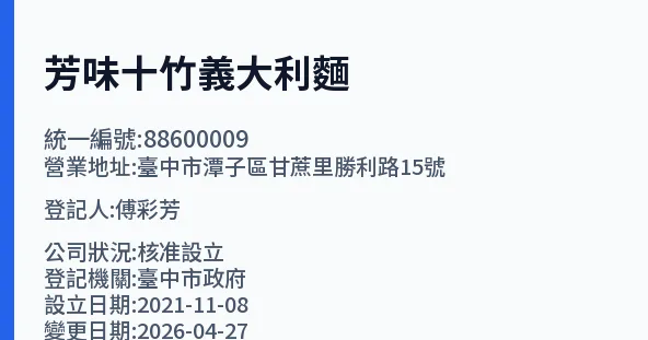 芳味十竹義大利麵的照片-統編 88600009(臺中市) 公司登記資料與營業項目詳細圖表