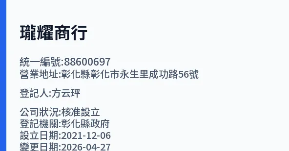 瓏耀商行的照片-統編 88600697(彰化縣) 公司登記資料與營業項目詳細圖表