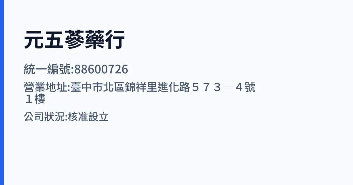 元五蔘藥行 - 統編 88600726(臺中市) 公司登記資料與營業項目詳細圖表