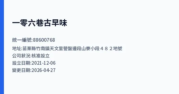 一零六巷古早味的照片-統編 88600768(苗栗縣) 公司登記資料與營業項目詳細圖表