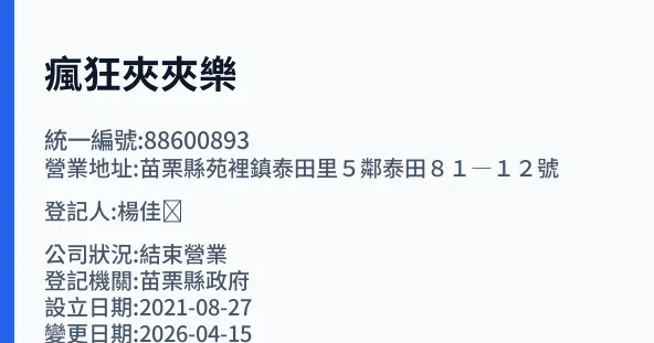 瘋狂夾夾樂的照片-統編 88600893(苗栗縣) 公司登記資料與營業項目詳細圖表