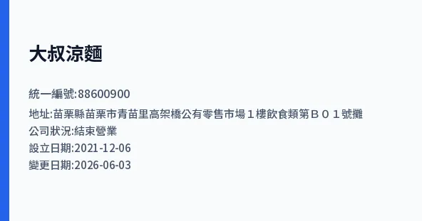大叔涼麵的照片-統編 88600900(苗栗縣) 公司登記資料與營業項目詳細圖表