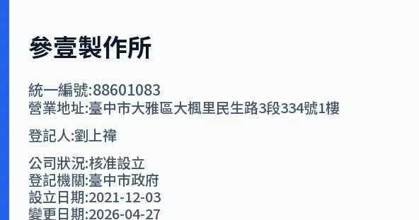 參壹製作所的照片-統編 88601083(臺中市) 公司登記資料與營業項目詳細圖表