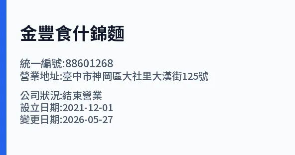 金豐食什錦麵的照片-統編 88601268(臺中市) 公司登記資料與營業項目詳細圖表