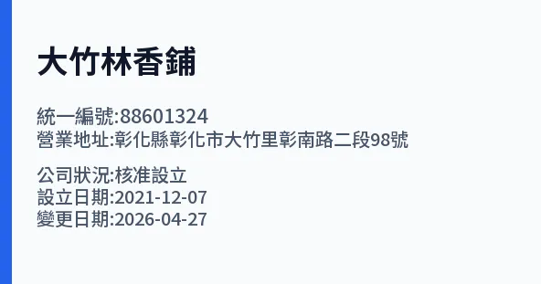 大竹林香鋪的照片-統編 88601324(彰化縣) 公司登記資料與營業項目詳細圖表