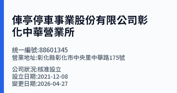 俥亭停車事業股份有限公司彰化中華營業所的照片-統編 88601345(彰化縣) 公司登記資料與營業項目詳細圖表