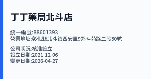 丁丁藥局北斗店的照片-統編 88601393(彰化縣) 公司登記資料與營業項目詳細圖表