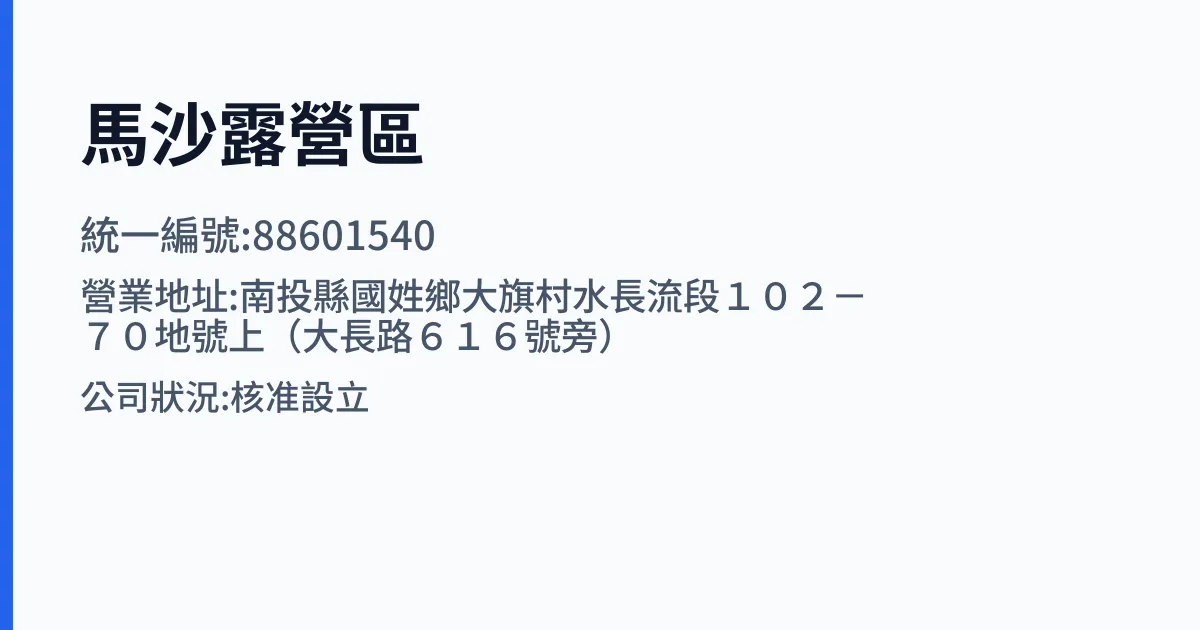 馬沙露營區 - 統編 88601540（南投縣） 公司登記資料與營業項目詳細圖表