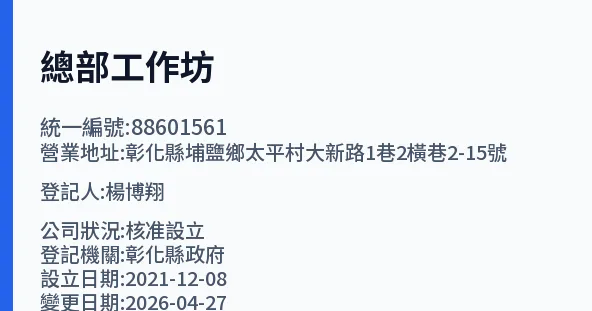 總部工作坊的照片-統編 88601561(彰化縣) 公司登記資料與營業項目詳細圖表