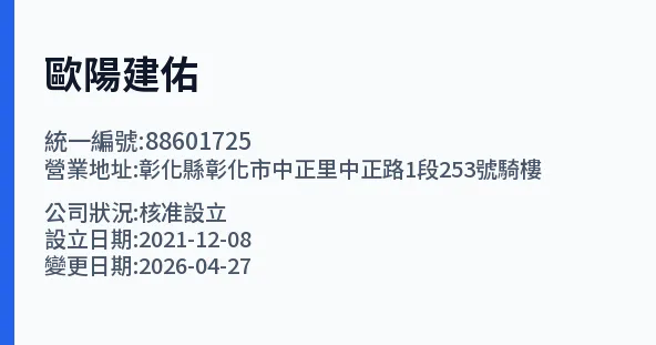 歐陽建佑的照片-統編 88601725(彰化縣) 公司登記資料與營業項目詳細圖表