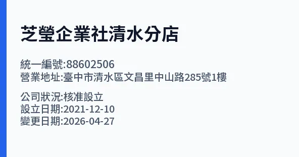 芝瑩企業社清水分店的照片-統編 88602506(臺中市) 公司登記資料與營業項目詳細圖表