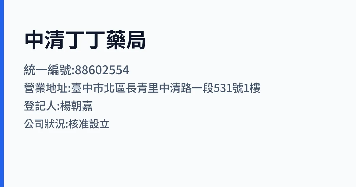 中清丁丁藥局 - 統編 88602554(臺中市) 公司登記資料與營業項目詳細圖表